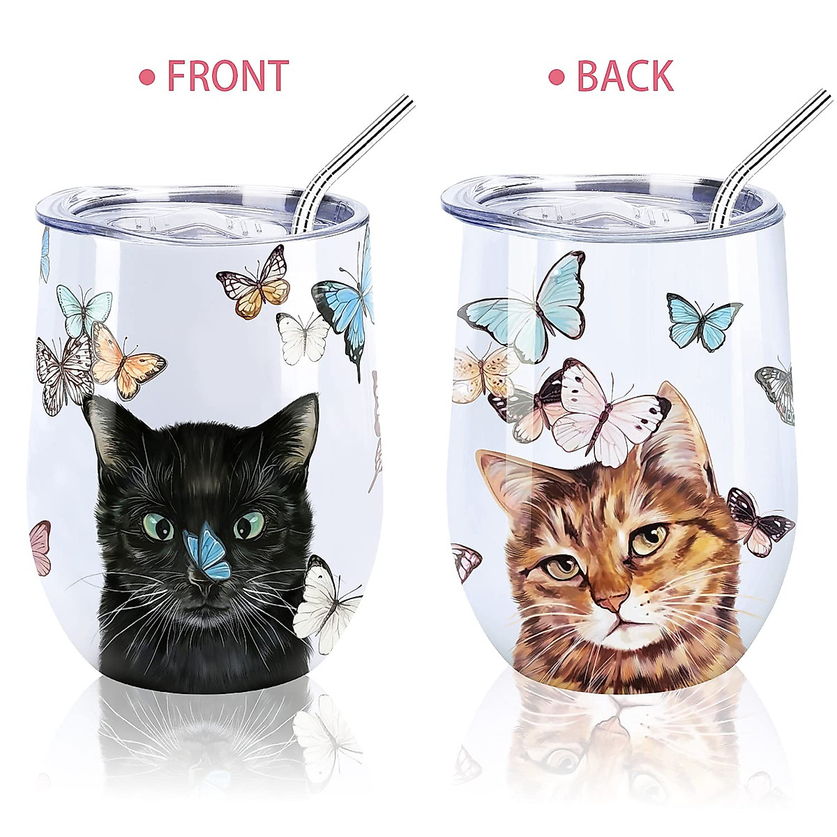 NymphFable 12oz Cat Cup Wine Tumbler With Straw And Lid Insulated Stemless Wine Glass Stainless Steel Double Wall