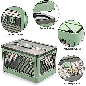 BTSKY 2 Pack Clear Plastic 4 Doors Collapsible Storage Bins with Lid & Wheels 20 L Foldable Lidded Storage Box Multifunctional Stackable Folding Organizer Cube for Camping Clothes Toys Snacks Storage Box Container (Green)