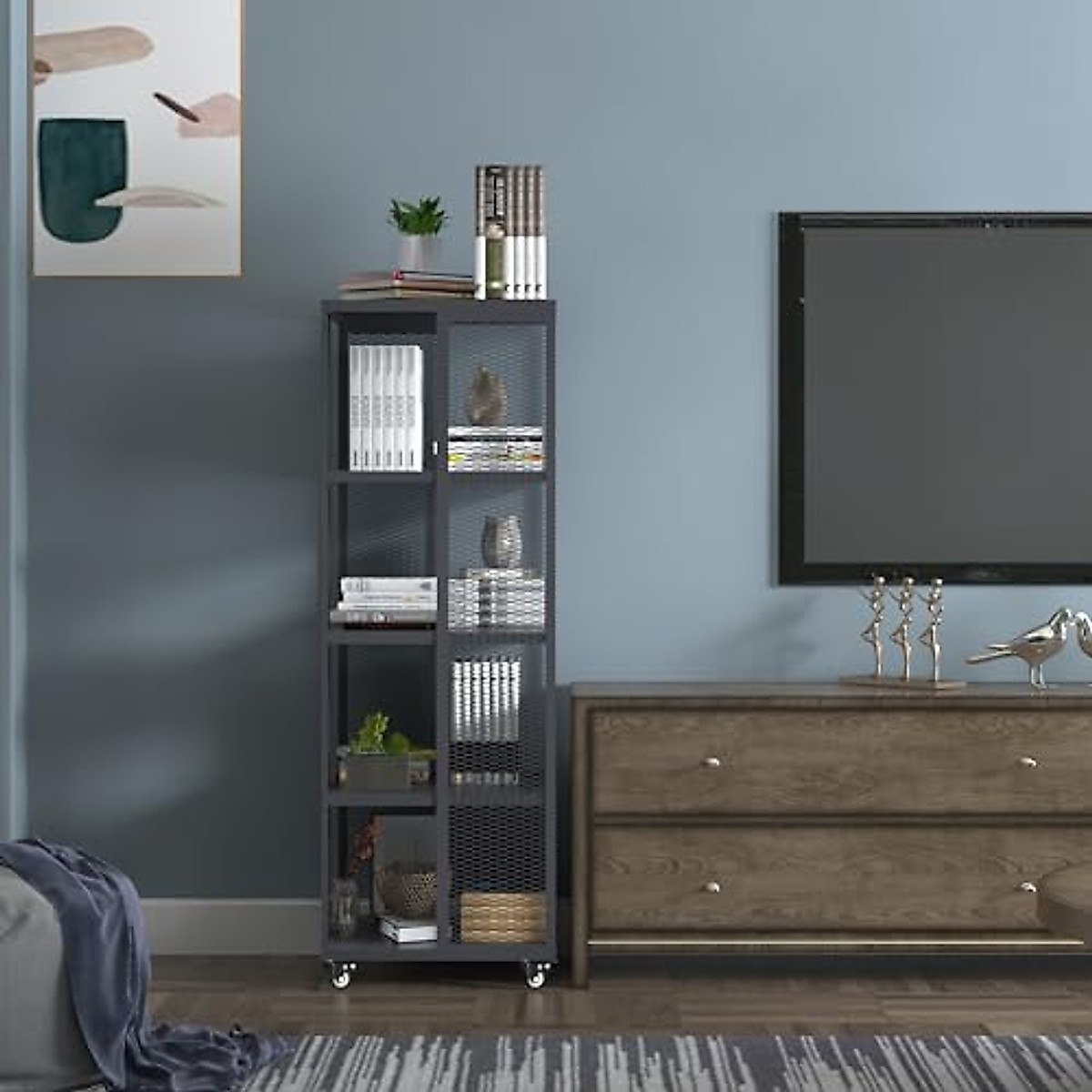 XYZTech Industial Style Shelving Open Shelves with Wheels Cold Rolled Steel Rolling Shelf 4-Tier Display Rack Shelf Unit on 360° Casters