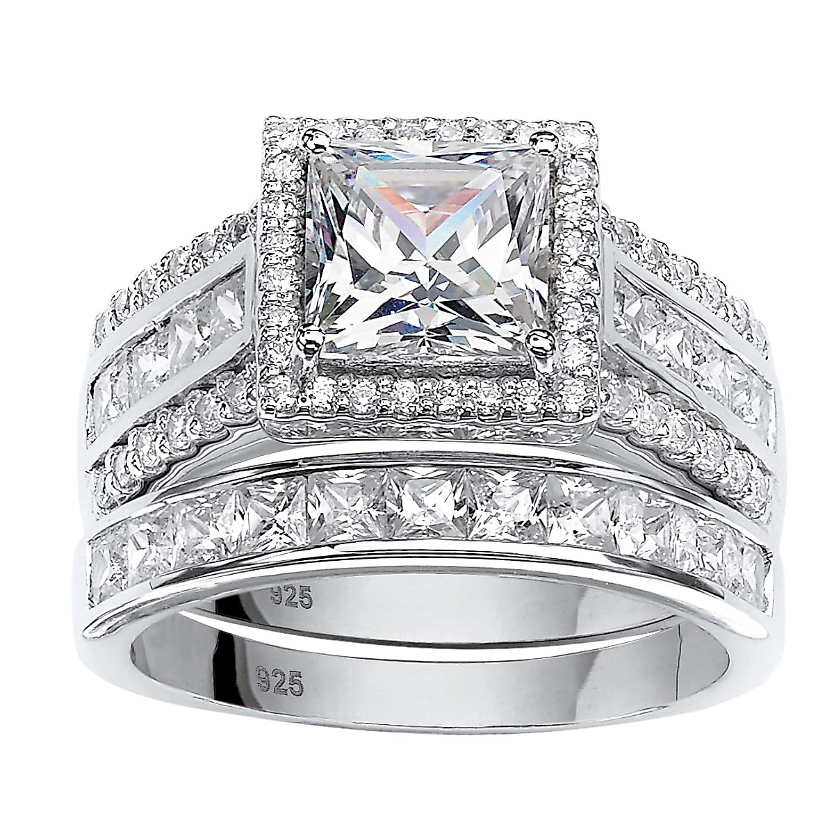 PalmBeach Platinum-plated Sterling Silver Princess Cut Cubic Zirconia Halo Bridal Ring Set Sizes 6-10 Size 7
