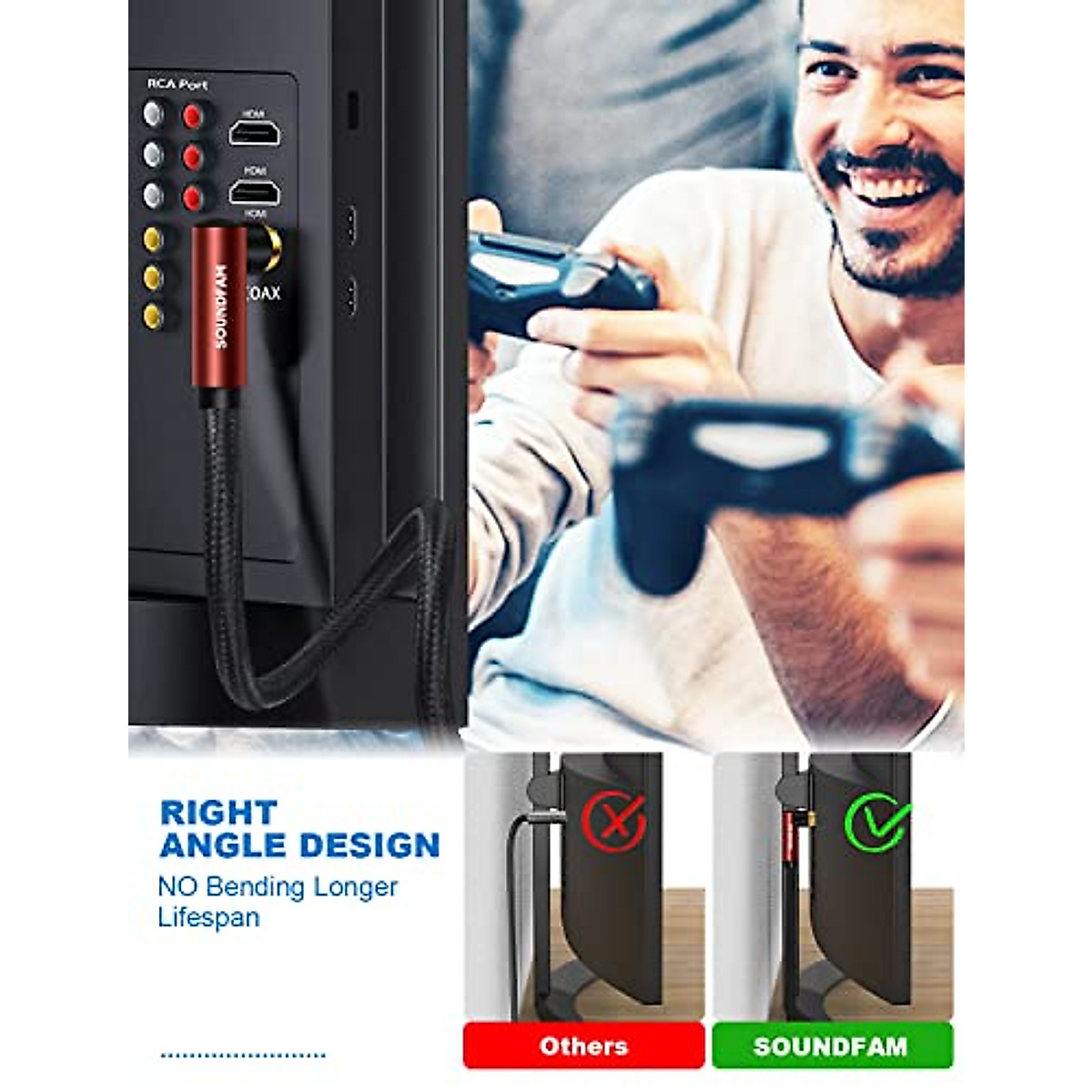 SOUNDFAM 90 Degree RCA Cable 10ft/3M Right Angle Subwoofer Cable S/PDIF Digital Coaxial Audio Cable - [24K Gold-Plating, Dual Shielded] - Wine Red