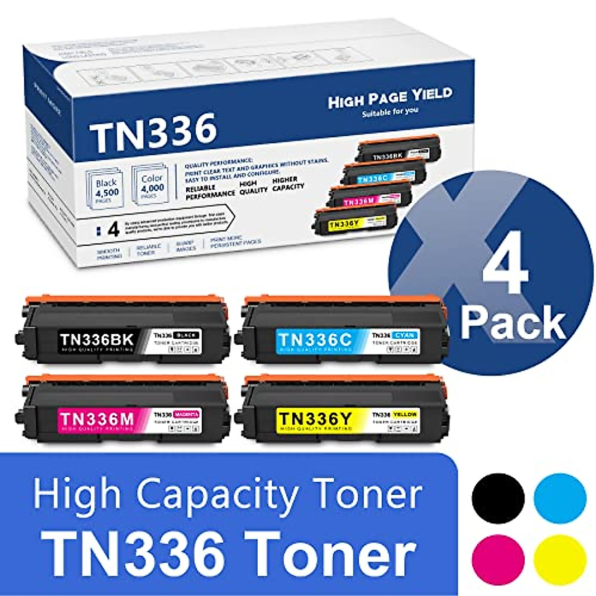 TN-336 TN336BK TN336C TN336M TN336Y Compatible Replacement for Brother TN336 Toner Cartridge 4-Pack DCP-9055CDN 9270CDN L8400CDN HL-L8250CDN MFC-9460CDN L8650CDW L8600CDW Printers