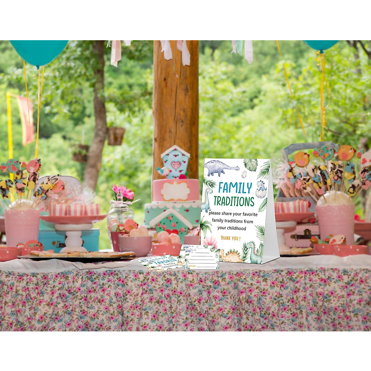 Baby Shower Games Family Traditions Sign, 1 Standing Sign and 50 Cards, Green Leaf Dinosaur Gender Neutral Decoration, Gender Reveal Party, Bridal Shower Favor Supplies-LT54