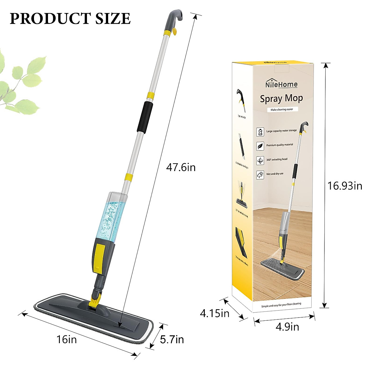 NileHome Mops for Floor Cleaning, Spray Mop with 400ml Refillable Bottle and 2 Replacement Pads Dry Wet Floor Mop for Household or Commercial Use Dust Mop for Hardwood Laminate Tile Ceramic