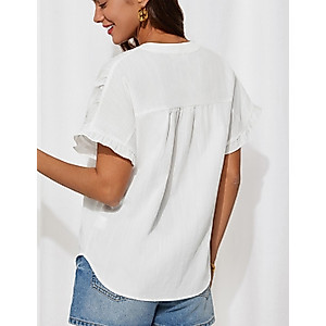 Womens Summer White Top 2025 Fashion V Neck Short Ruffle Sleeve Pleated Blouse Button Down Shirt Ivory 2XL