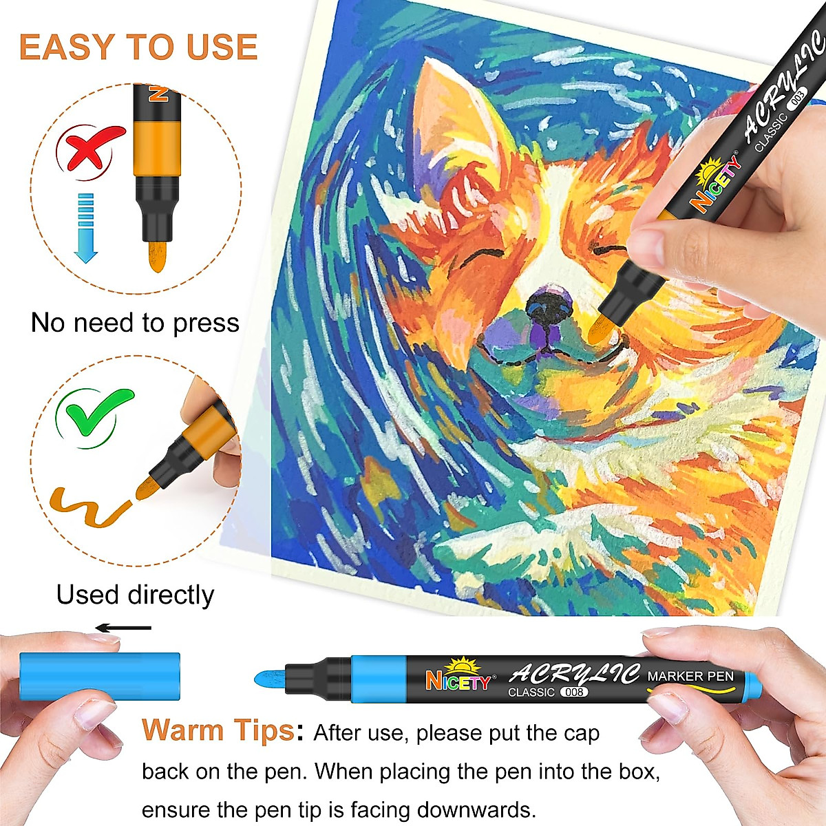 NICETY 100 Colors Acrylic Paint Pens Paint Markers, 3mm Medium Tip Paint Markers for Rock Painting, Canvas, Wood, Stone, Ceramic, Glass, Fabric, DIY Crafts & Art Supplies