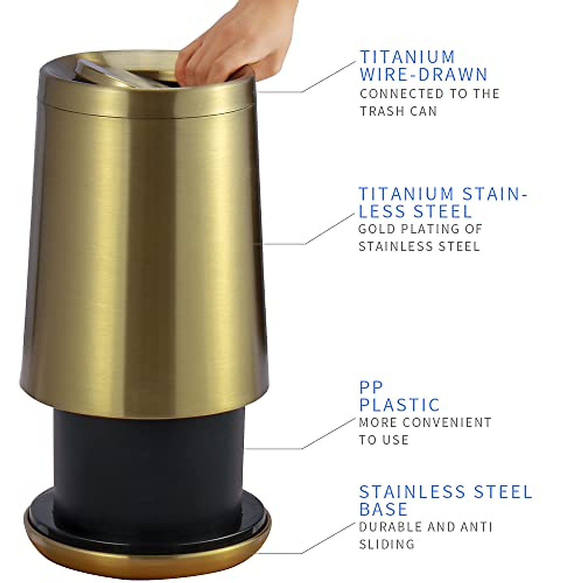 BRIEFHUMAN Household Swing Gold Bathroom Trash Can，Brushed Stainless Steel，10 L/3 Gallen，Garbage Can with Flipping Lid， for Indoor or Commercial Use, Kitchen,Modern，Living Room,Bedroom