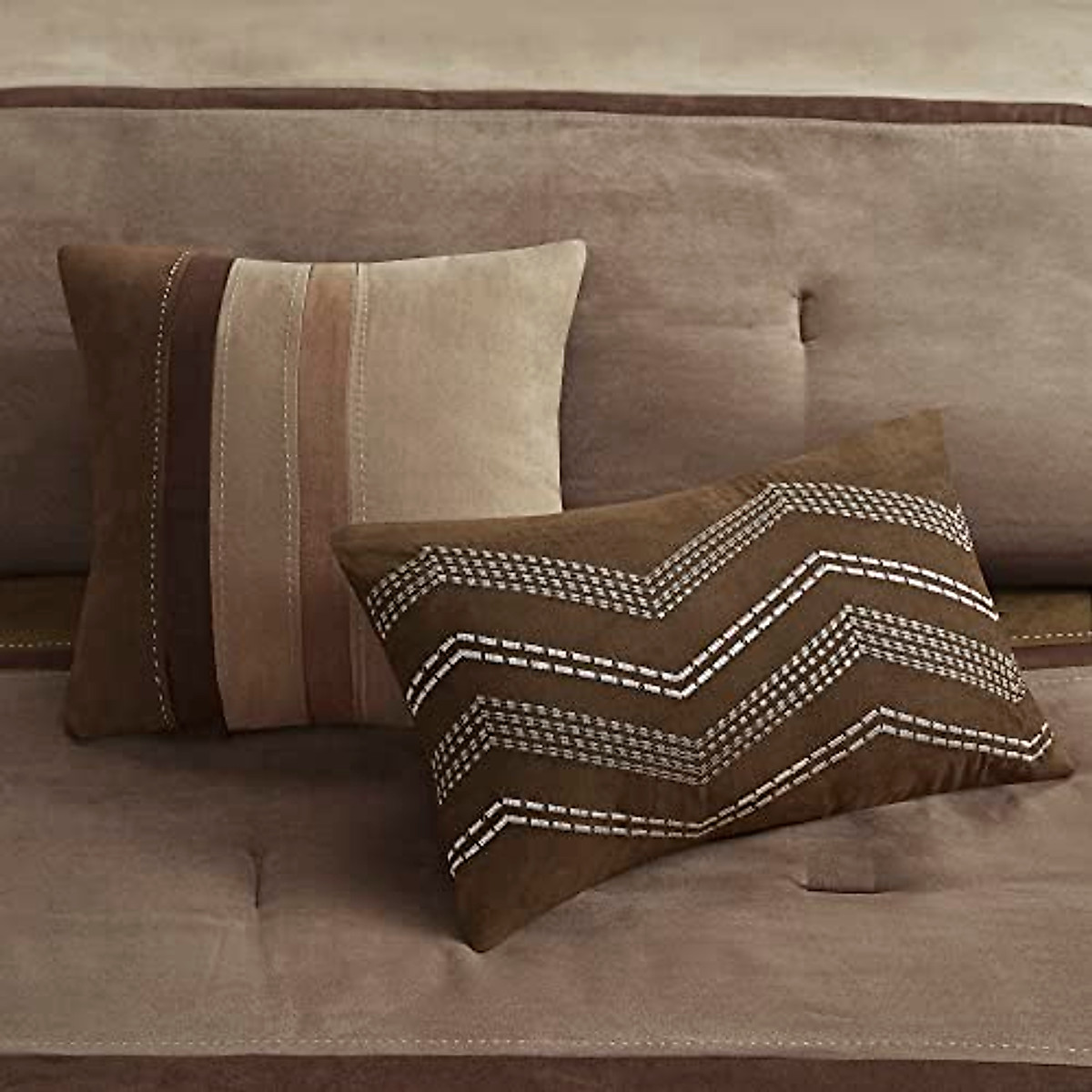 Madison Park Palisades Comforter Set Modern Faux Suede Pieced Stripe Design, All Season Down Alternative Cozy Bedding with Matching Shams, Decorative Pillows, Queen(90"x90"), Brown 7 Piece