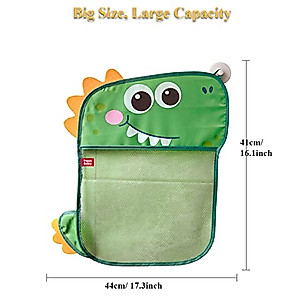 NEXTAKE Baby Bath Toy Organizer, Lovely Cartoon 2 Sided Mesh Hanging Bathtub Toy Holder Quick Dry Mesh Storage Box Large Capacity Tub Toy Storage Bag with 2 Strong Suction Cup Hooks (Dinosaur)