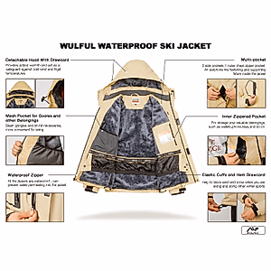 WULFUL Men's Waterproof Ski Jacket Warm Winter Snow Coat Mountain Windbreaker Hooded Raincoat