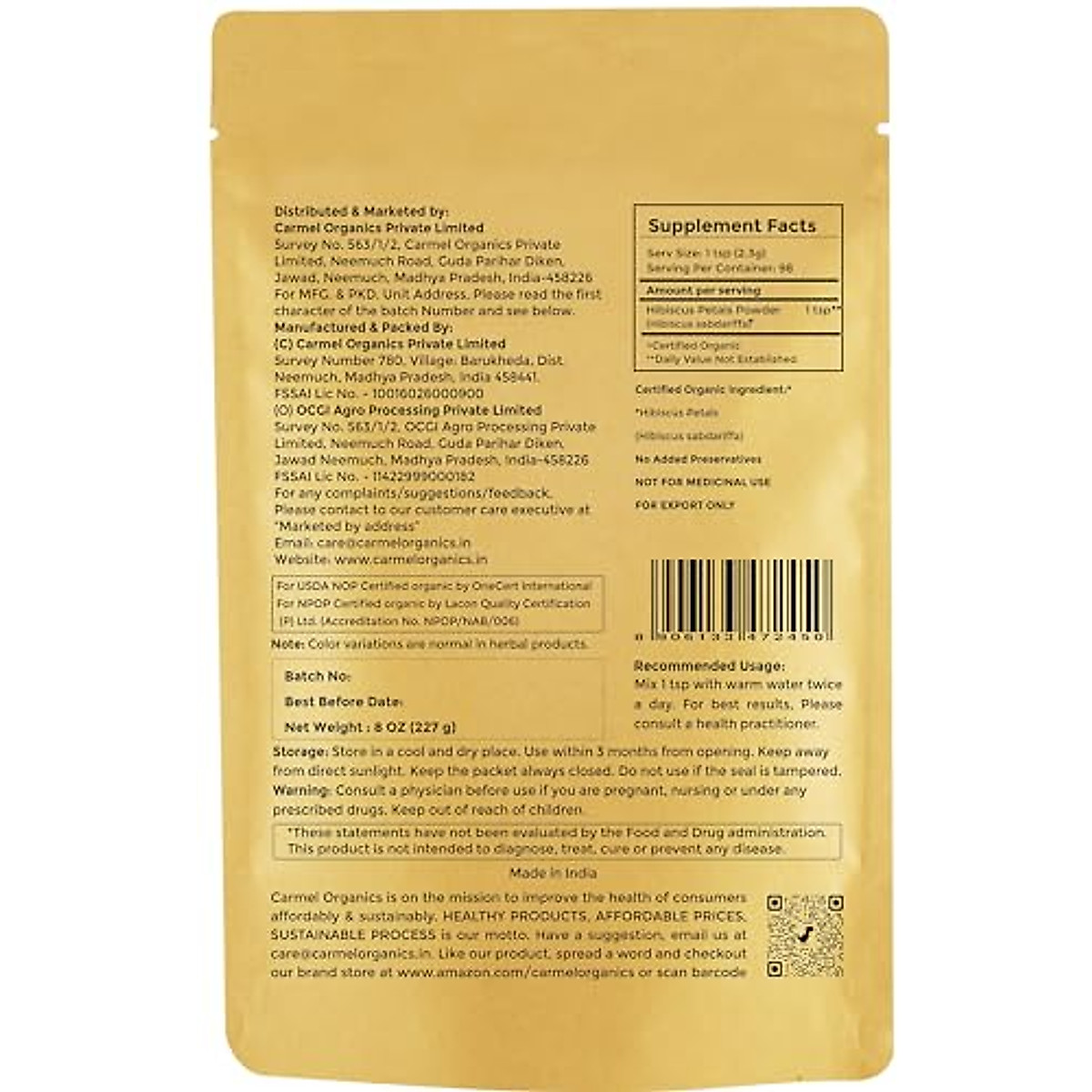 CARMEL ORGANICS Hibiscus Petals Powder 8 Ounce or 0.5 Lb(Pack of 1) | USDA Certified Organic| Non GMO & Gluten Free | Rich in Vitamin C | Indian Origin Hibiscus Petals Powder