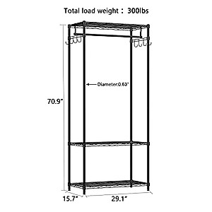 Xiofio 3 Tiers Heavy Duty Clothing Rack, Metal Garment Rack Coat Rack, Clothes Rack with 2 Side Hooks,Hanging Adjustable Garment Rack for Bedroom Living Room Laundry Room Balcony Garden,Black
