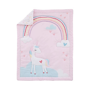 Little Love by NoJo Rainbow Unicorn Pink, Aqua, Yellow and White 3 Piece Mini Crib Bedding Set - Comforter and 2 Fitted Mini Crib Sheets