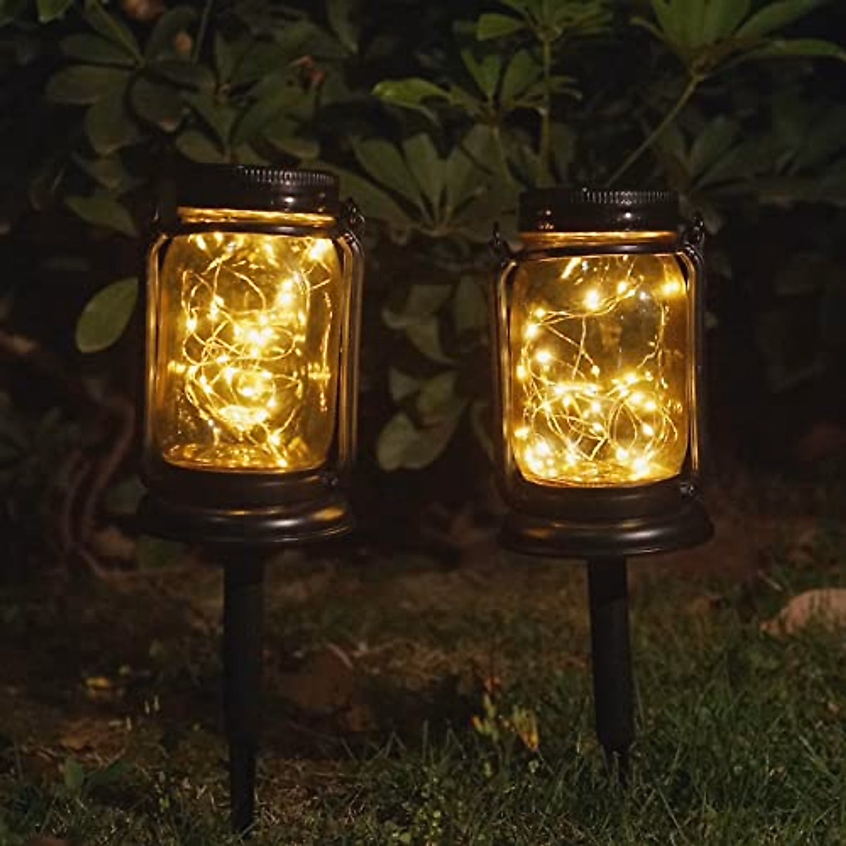 Solar Mason Jar Lantern, 2 Pack 30 LED Hanging Solar Mason Jar Lights Outdoor Retro Waterproof Fairy Lights with Stakes for Garden, Lawn, Patio, Yard, Pathway (2 Pack)
