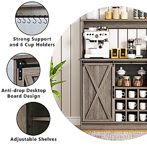 4ever2buy Farmhouse Coffee Bar Cabinet with Sliding Barn Doors, 50 Inch Coffee Bar Hutch with 6 Hooks, Gray Coffee Bar with 9 Mug Rack, Hutch Cabinet with Storage for Living Room