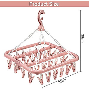 MENFENG Clothes Drying Hanger and Drip Foldable Hanging Sock Rack（32 Clips ） Multifunction Clothes Drying Rack，Rotary Wind-Sock Hanger for Washing line，for Socks, Underwear, Bras, Baby Clothes (Pink)