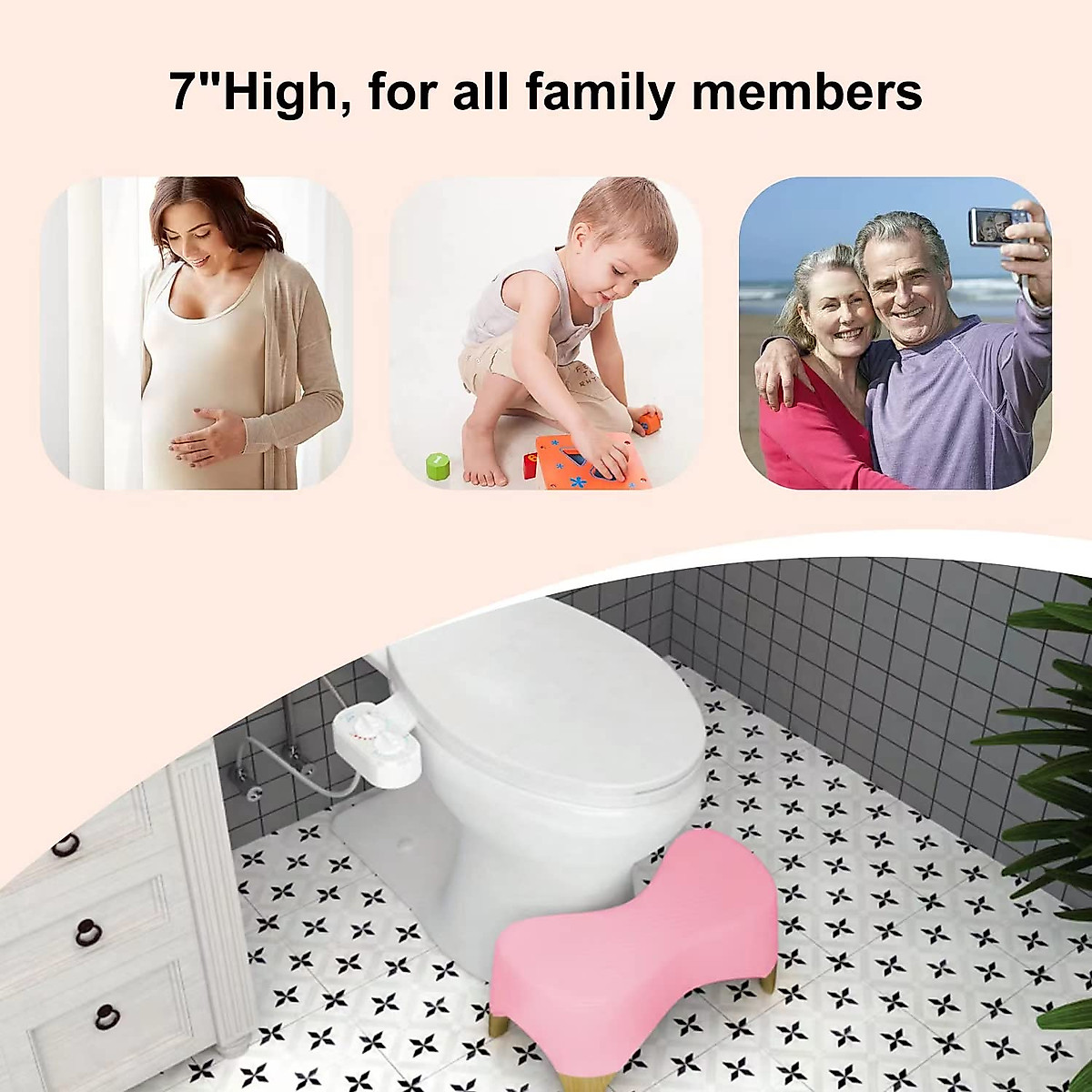 Toilet Stool,7" Poop Stool- 550 lbs Weight Capacity, Toilet Potty Stool for Adults,Bathroom Stool with Non-Slip mat (Pink/Bamboo Color)