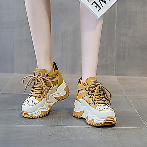 SOLPNOW Women's Leather Breathable Platform Sneakers,Summer Lace-Up Non-Slip Hollow Sandals,Outdoor Hiking Workout Driving Shoes (7,Yellow)