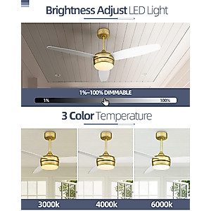 YOUKAIN Modern Ceiling Fan, 52 Inch Gold Ceiling Fan with Light and Remote Control, LED Ceiling Fan with 3 White Blades for Living room, Bedroom, Bathroom, 52-YJ273-WH