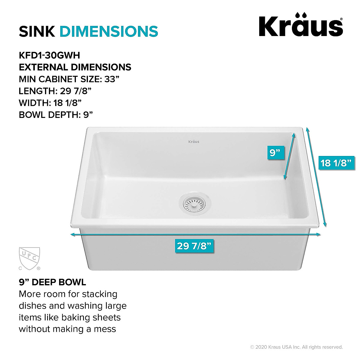 KRAUS Turino™ 30” Drop-In Undermount Fireclay Single Bowl Kitchen Sink with Thick Mounting Deck in Gloss White, KFD1-30GWH