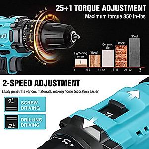 DURATECH 20V Cordless Drill, Electric Power Drill Driver Set with 1/2” Keyless Chuck, Variable Speed, 25+1 Torque Settings, 350 In-lbs Torque and 16pcs Drill Bits, Drill Tools Kit for Home Improvement