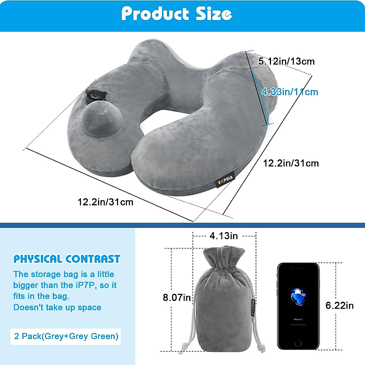 2 Pack Inflatable Travel Neck Pillow with Compact Bag and Washable Cover for Sleeping Airplane Soft Velvet Pillow for Long Flight Neck Cushion for Head Support Car Home Office