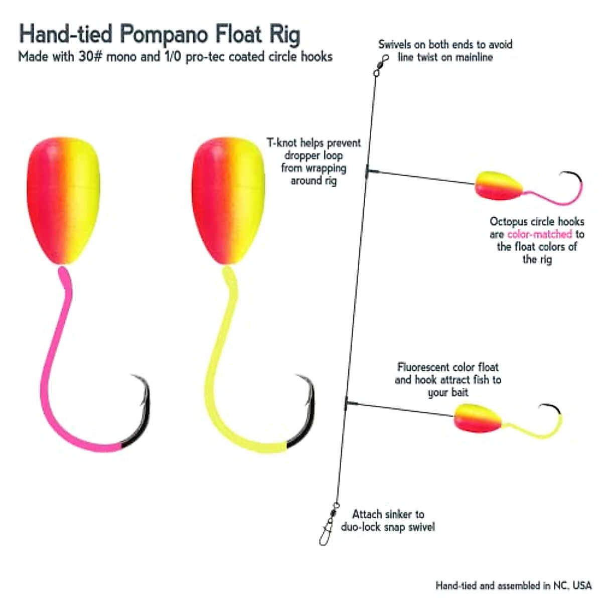 Pompano Rigs Pro-Tec Coated Circle Hooks Surf Fishing Rigs Hand-Tied (2-Pack, Pompano Candy)