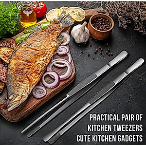 ENESTO Kitchen Tweezers Stainless Steel - Food Tweezers Set 12 inch, Fine Tweezer Tongs, Extra Long Tweezers 2 pcs, Professional Cooking Tweezers with Precision Serrated Tips Cooking Tongs