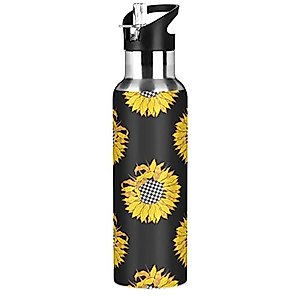 Oarencol Buffalo Sunflower Water Bottle Plaid Floral Stainless Steel Vacuum Insulated Thermos with Straw Lid 20 Oz