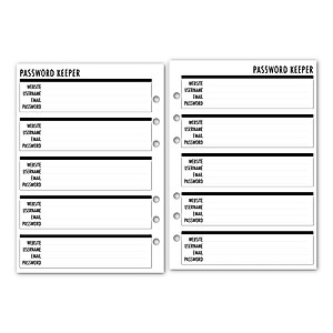 A5 Password Keeper Planner Insert Refill, 5.83″ x 8.27″, Fits 6-Rings Binders - Filofax, LV GM, Moterm, Choice of Quantity