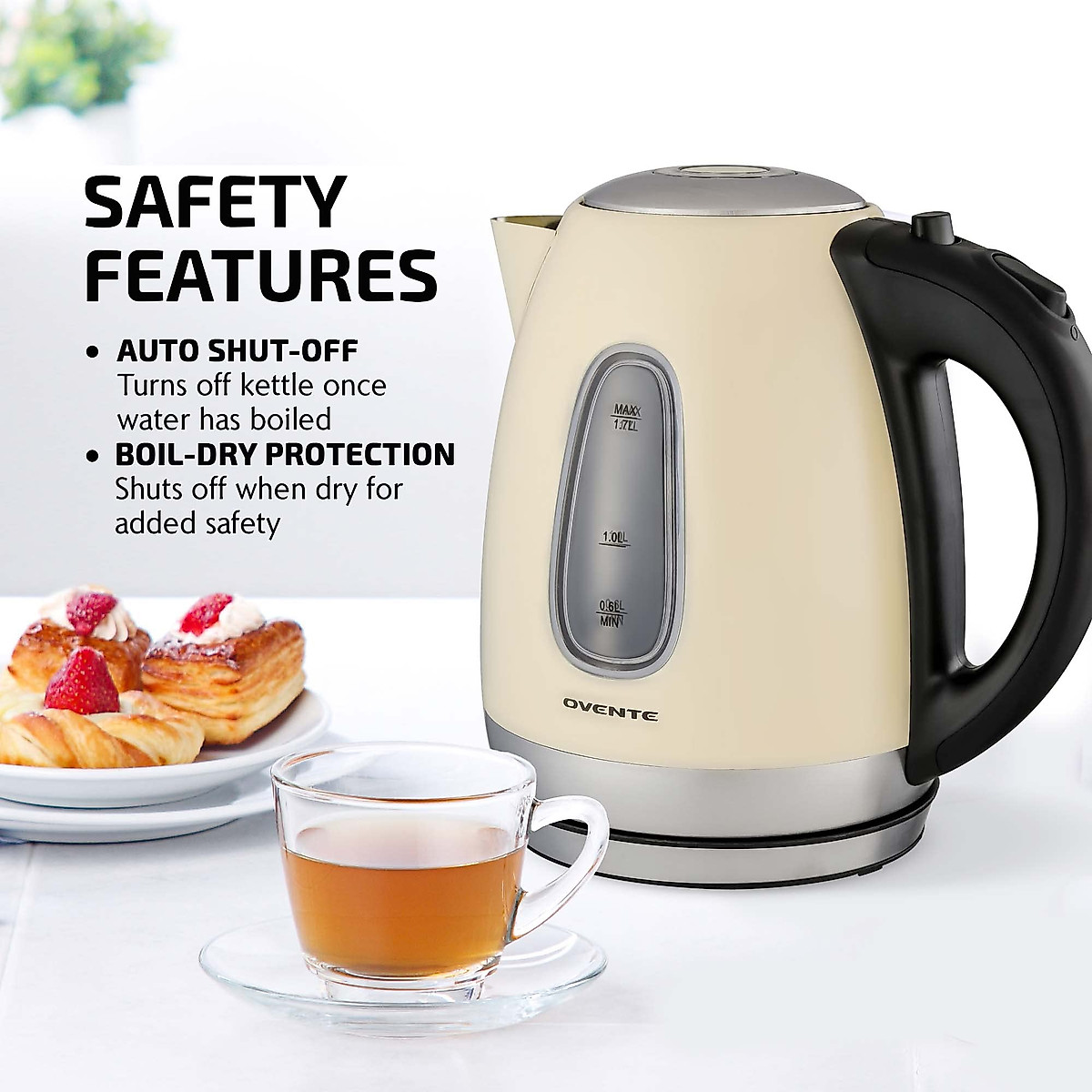 OVENTE Electric Kettle Stainless Steel Instant Hot Water Boiler BPA Free 1.7 Liter 1100 Watts Fast Boiling with Cordless Body and Automatic Shut Off Safe and Perfect for Tea Coffee Milk, Beige KS96BG
