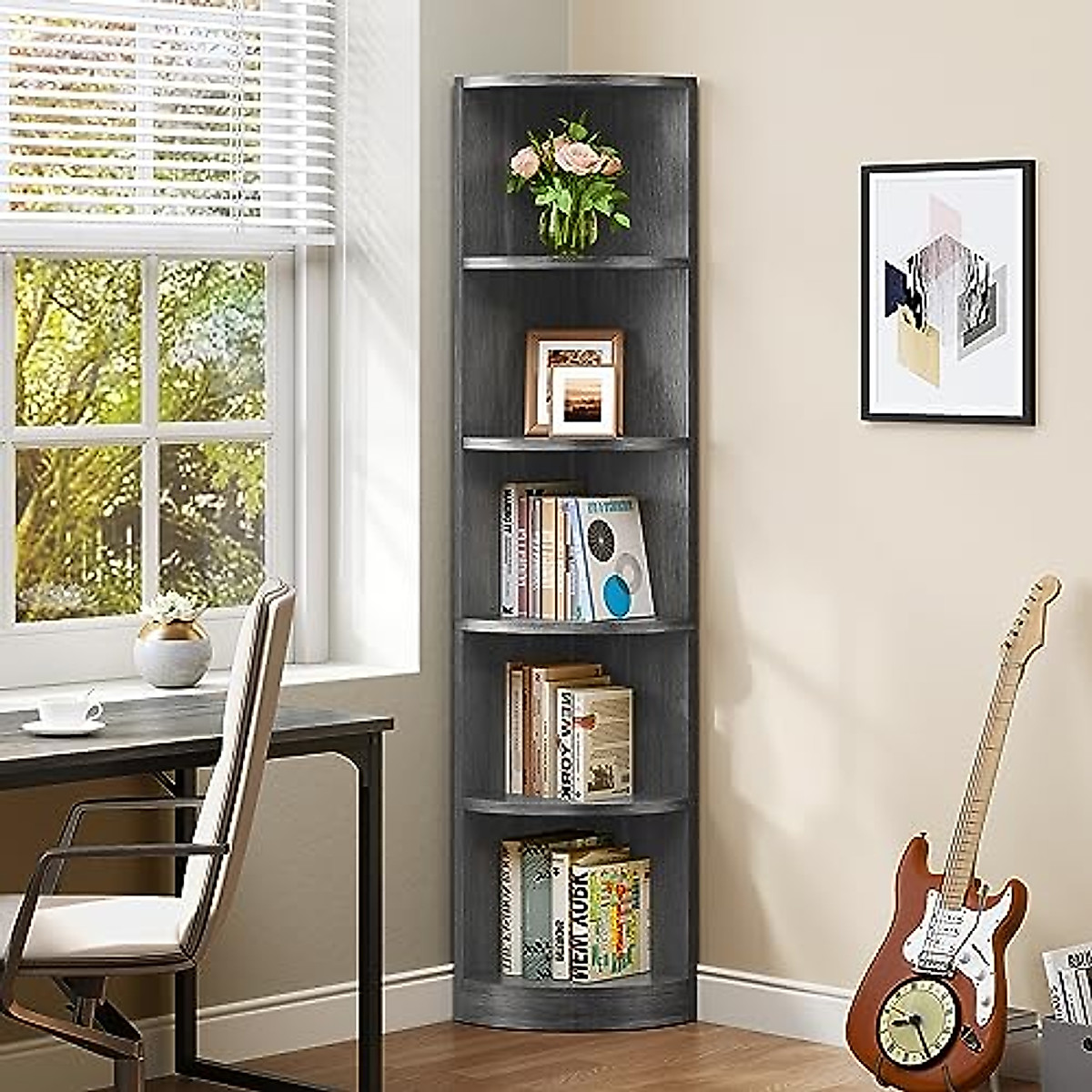 YITAHOME 70.8" Corner Shelf, 5 Tier Corner Bookshelf and Bookcase, Modern Open Free Standing Shelving Unit Wooden Display Rack Storage Shelves for Bedroom, Living Room, Home Office, Charcoal Gray