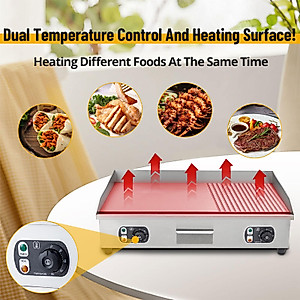 GARVEE 29" Commercial Electric Griddle, 110V, 3000W Resterant Countertop Griddle, Stainless Steel Half Grooved/Flat Top Grill with Adjustable Temperature Control 122°F-572°F(NO PLUG)