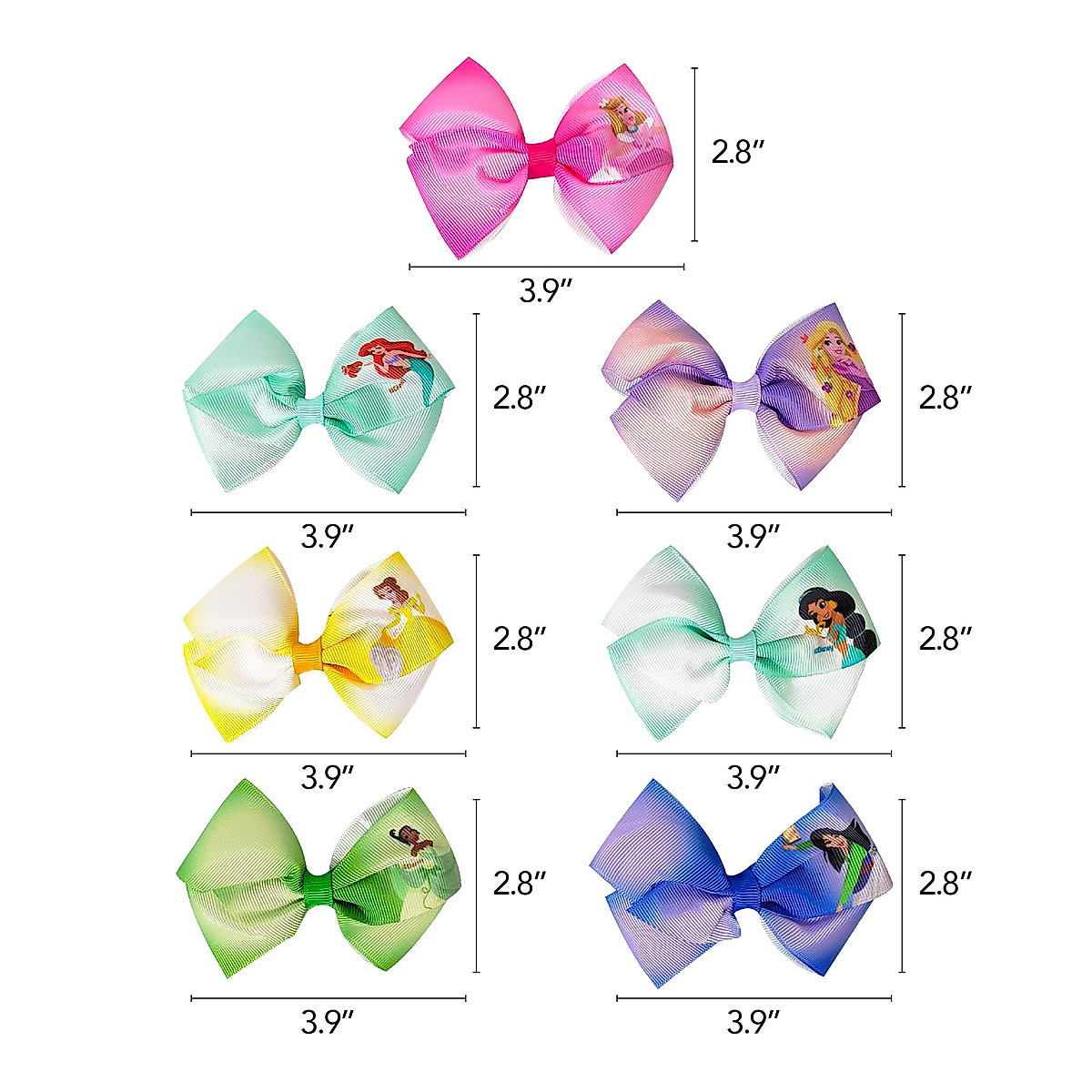 Disney Princess - Girls Hair Accessories Gift Set - Kids Hair Bows - 7 Pcs 4 Inch Bundle - Different Princess on Each Clip - Alligator Clip Ages 3+