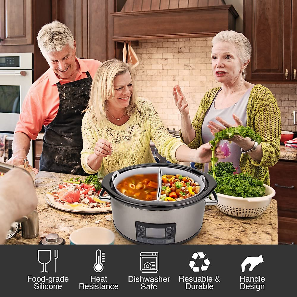 ChefAid Slow Cooker Divider Liners with Handle, 100% Silicone Reusable Slow Cooker Liners Compatible with 6-8 Quart Oval or Round Slow Cooker, Fits 7 Quart Crockpot Liners (Grey, 2 Pack)