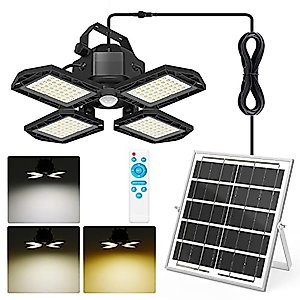 NIORSUN Solar Outdoor Lights Solar Lights Indoor Motion Sensor Pendant Light 3 Colors 4-Leaf 4 Modes with Remote, 16.4ft Wire Waterproof Security Lamp for Garage Shed Home Barn Shop Gazebo(1 Pack)