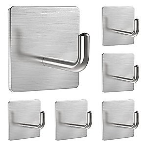 JIAJIAGUAN Adhesive Hooks Heavy Duty - Waterproof SUS 304 Stainless Steel Hook - Robe Towel Hooks - Wall Hooks for Hanging Coat - Slashes Hook for Bathroom Kitchen Bedroom (6 Pack)