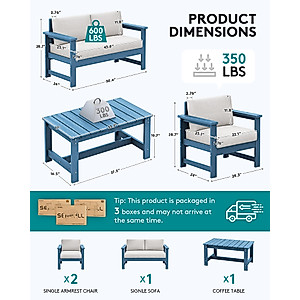 SERWALL 4 Pieces HDPE Outdoor Conversation Sofa Set with Cushions, Blue Frame and Khaki Cushion