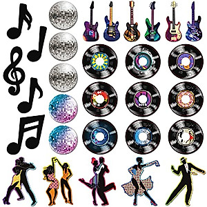 HOTOP 60 Pcs Music Party Rock and Roll Decorations Musical Notes Silhouettes Retro Dance Cutouts Record Cutouts Disco Ball Guitar Cutouts for 50s 60s 70s Theme Party Baby Shower School Bulletin Board