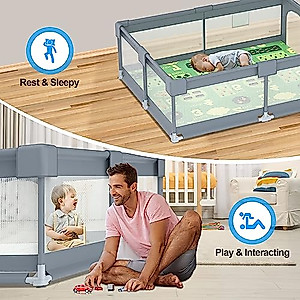 79" x 71" Baby Playpen with Mat - Baby Playards Extra Large Play Pen for Toddlers Safety Play Yard Indoor Activity Center with Hanging Bag, Zipper Gate, Soft Breathable Mesh (Gray)