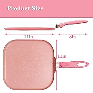 DXBVIEX Square Griddle Pan for Stove Top Nonstick, Flat Pan with Spatula & Brush, 11"X 11"(Pink)