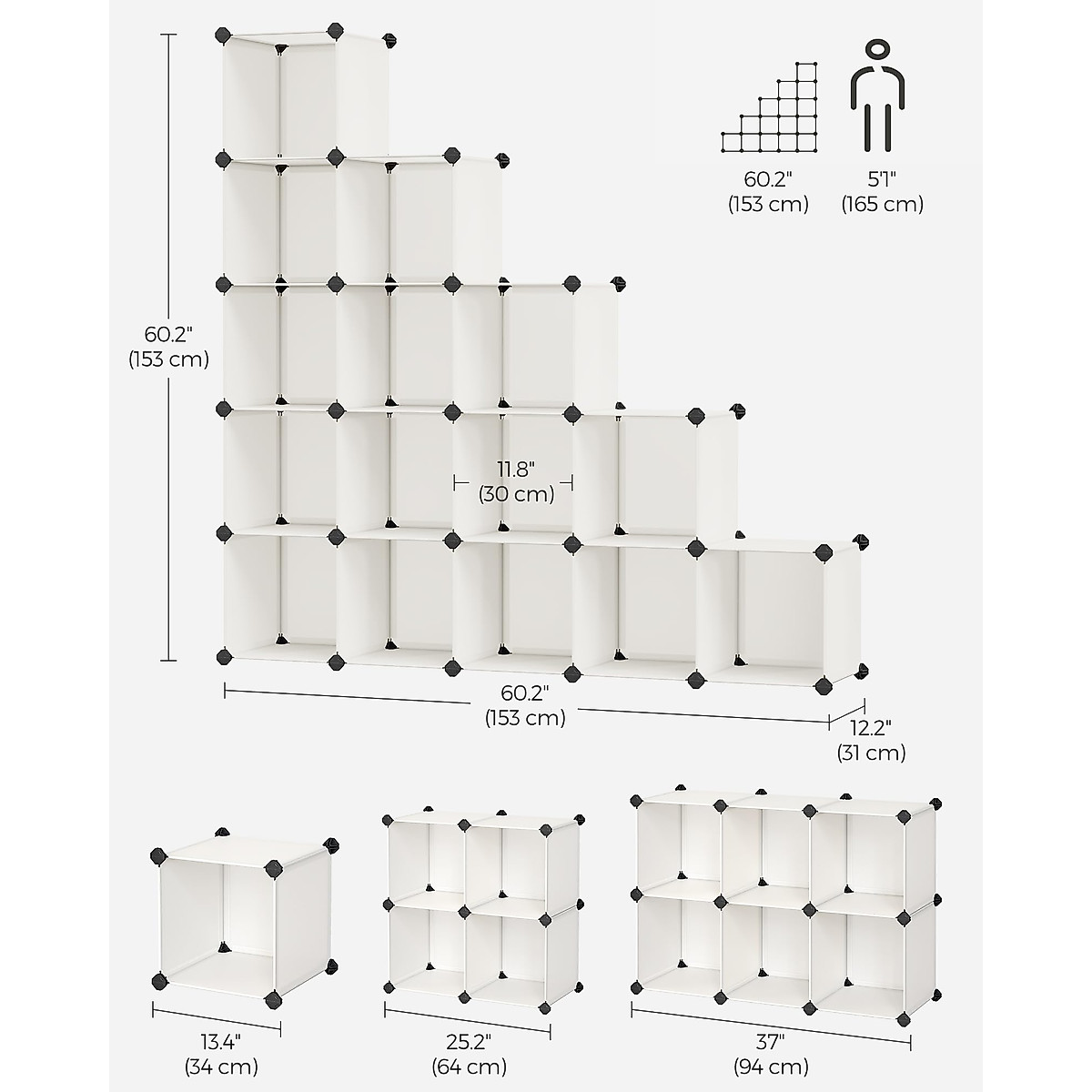 SONGMICS Cube Storage Organizer, Set of 16 Plastic Cubes, Book Shelf, Closet Organizers and Storage, Room Organization, Bedroom Living Room, 12.2 x 48.4 x 48.4 Inches, Cream White ULPC442M01
