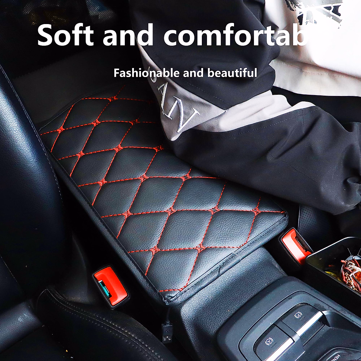 Center Console Cover,Soft Comfortable PU Leather Car Armrest Cushion,Waterproof and Anti-scratch Armrest Seat Box Cover Profector,Car Interior Accessories Universal For SUV/Truck/Vehicle (Black/Red)
