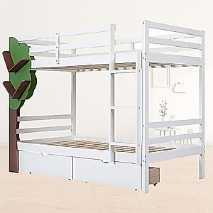 Altillo Twin Over Twin Bunk Bed with a Tree Decor and Two Storage Drawers, Wooden Twin Bunk Beds for Teens/Adults, Low Bed Frame Bedroom Furniture with Safety Guard Rails, No Box Spring Required