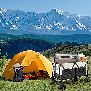 Heavy Duty Utility Collapsible Wagon with All-Terrain 4in×7in Wheels,Load 440 Lbs,Portable 200L Large Capacity Beach Wagon,Adjustable Handle for Garden,Outdoor,Camping,Beach, Shopping (Black & Khaki)