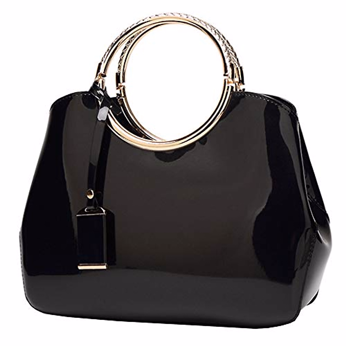 Rullar Women Elegant Handbag and Purse Top Handle Bag Patent Leather Tote Satchel Shoulder Clutch Crossbody Bag with Pendant Black
