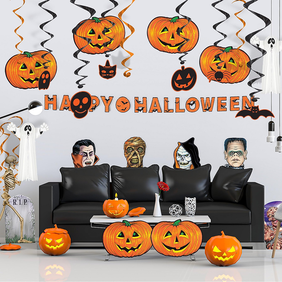 Beistle 6 Piece Paper Jack-O-Lantern Cut Outs Halloween Party Decorations, Fall Décor, Made in USA Since 1900, 10" x 14", Orange/Yellow/Green