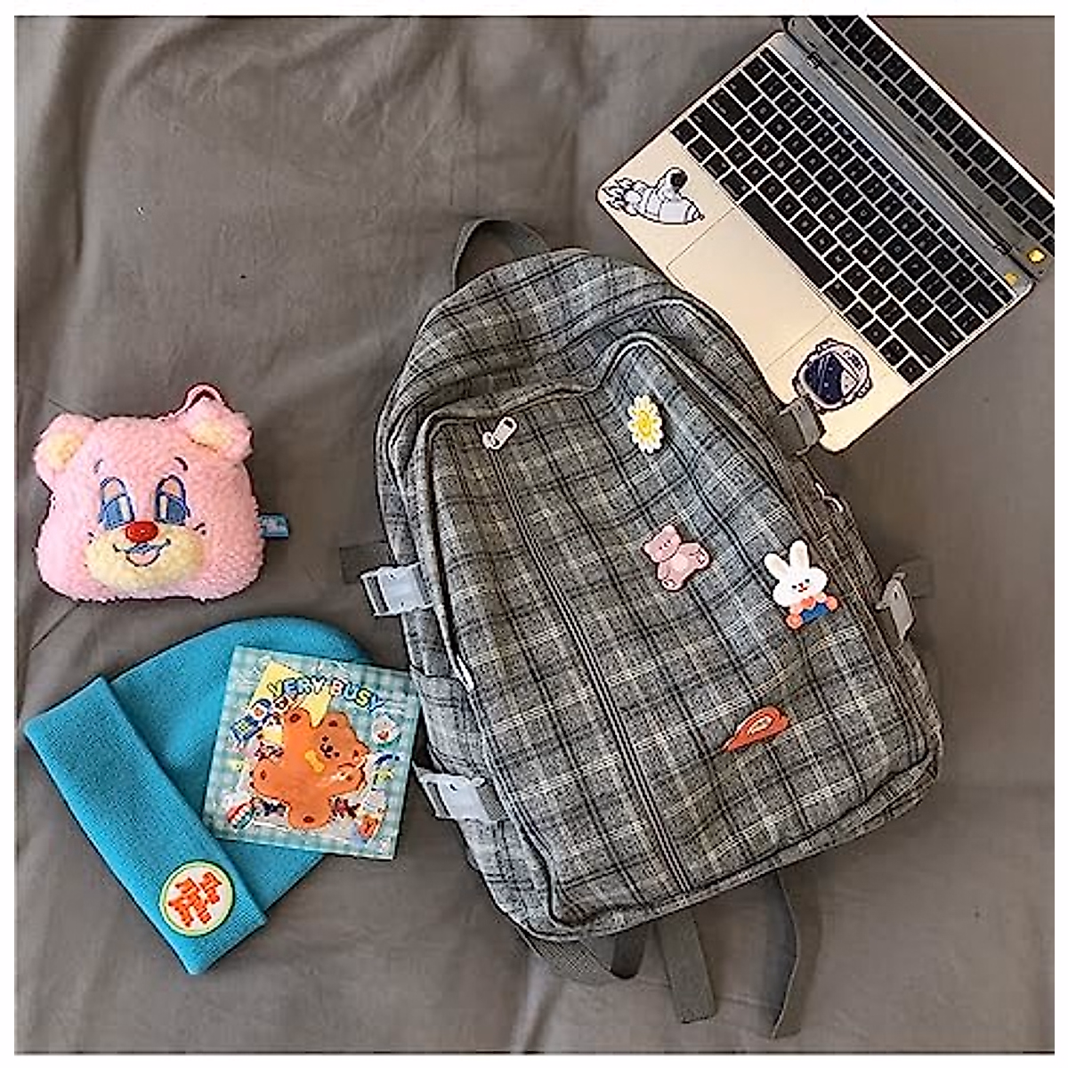 JHTPSLR Light Academia Aesthetic Backpack with Pins and Plushies Cute Plaid Preppy Backpack with Accessories Book Bags Supplies (Gray)