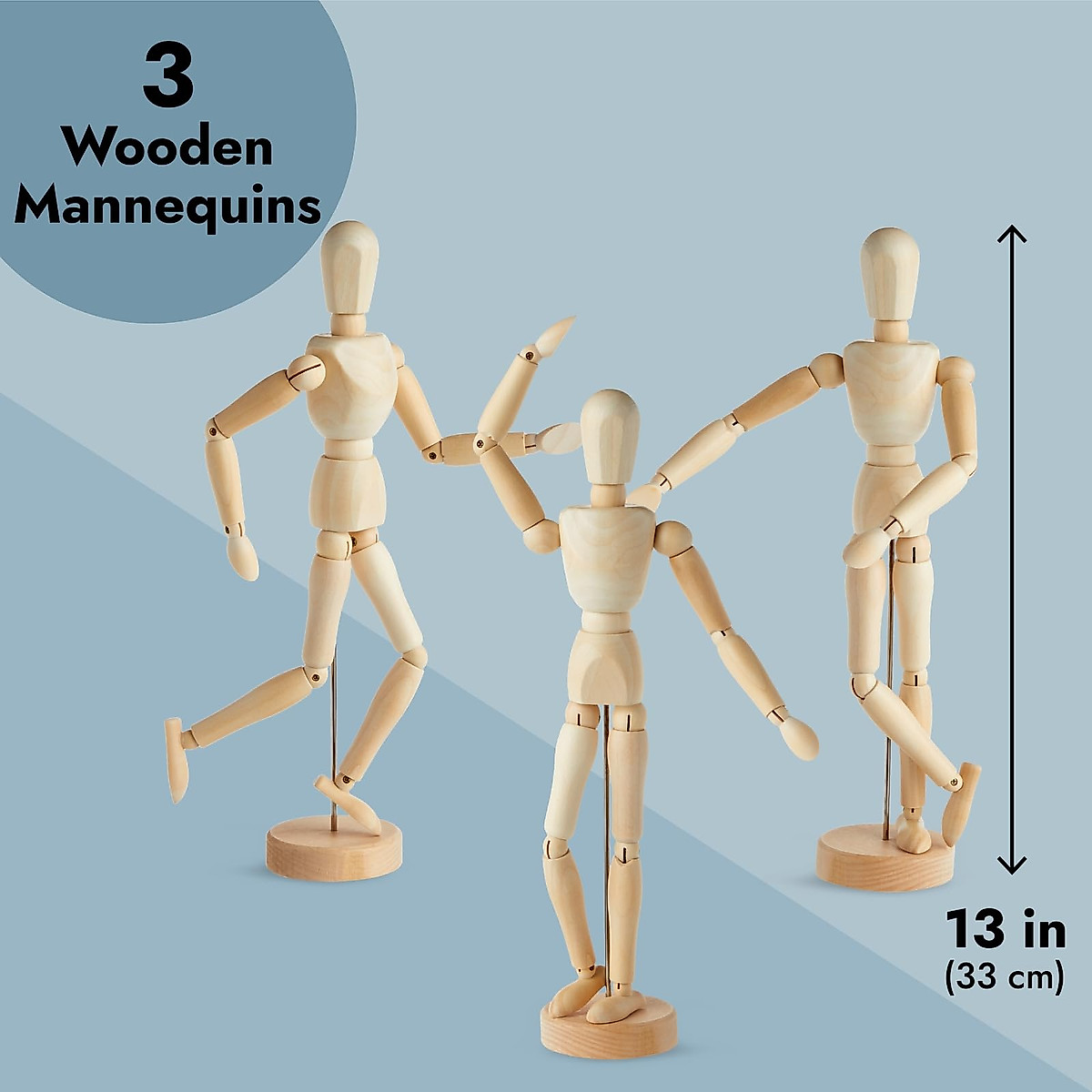 3 Pack Posable Art Figure Model, Flexible Wooden Drawing Mannequin for Artists, Sketching (13 in)