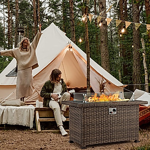 HOMREST 44in Propane Fire Pit Table 50,000 BTU Indoor Auto-Ignition Gas Firepit CSA Certification Rattan Base with Glass Wind Guard Waterproof Cover for Patio Garden (Dark Brown)